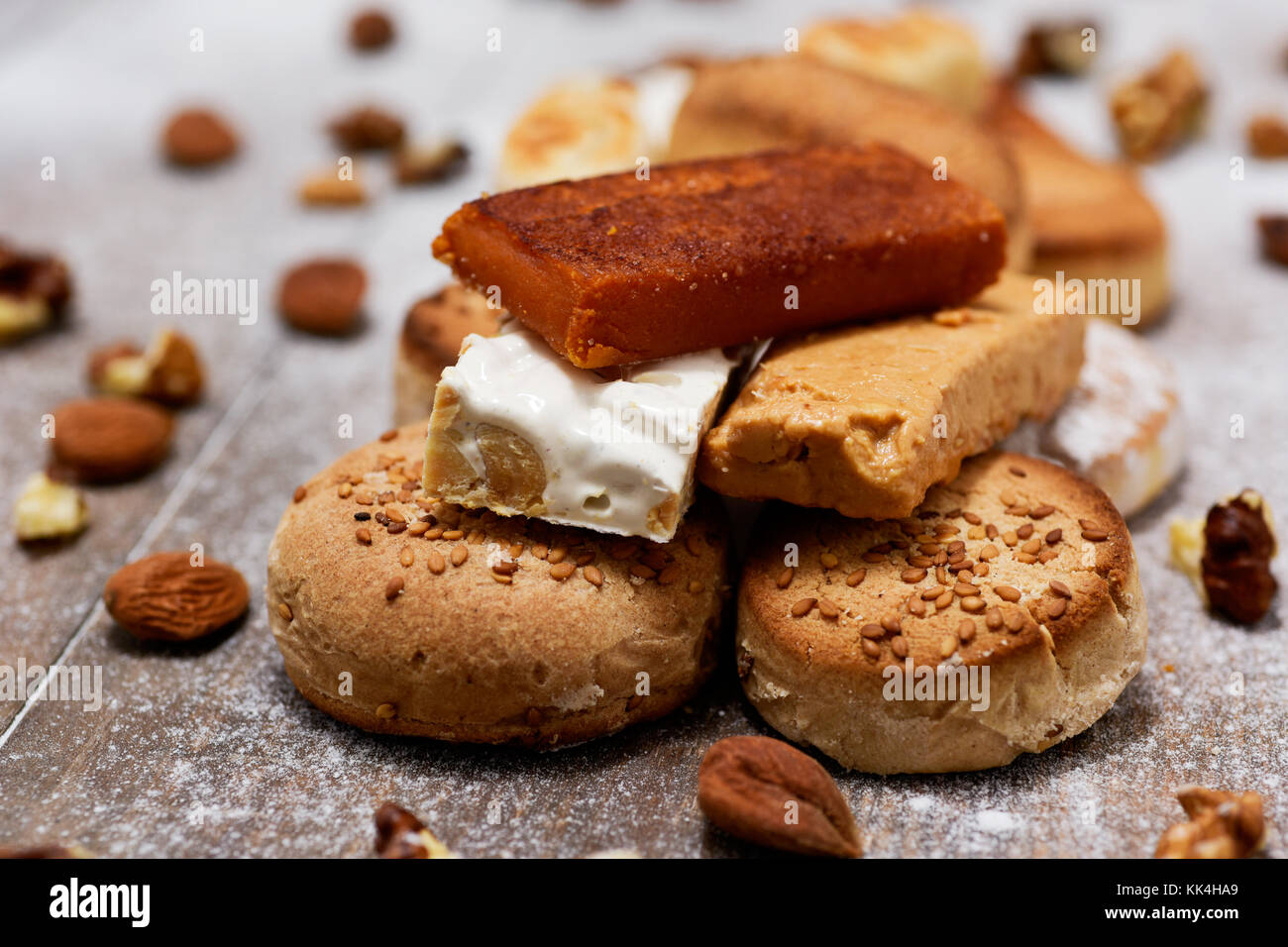 closeup of pile of different typical christmas sweets of Spain, such as ...