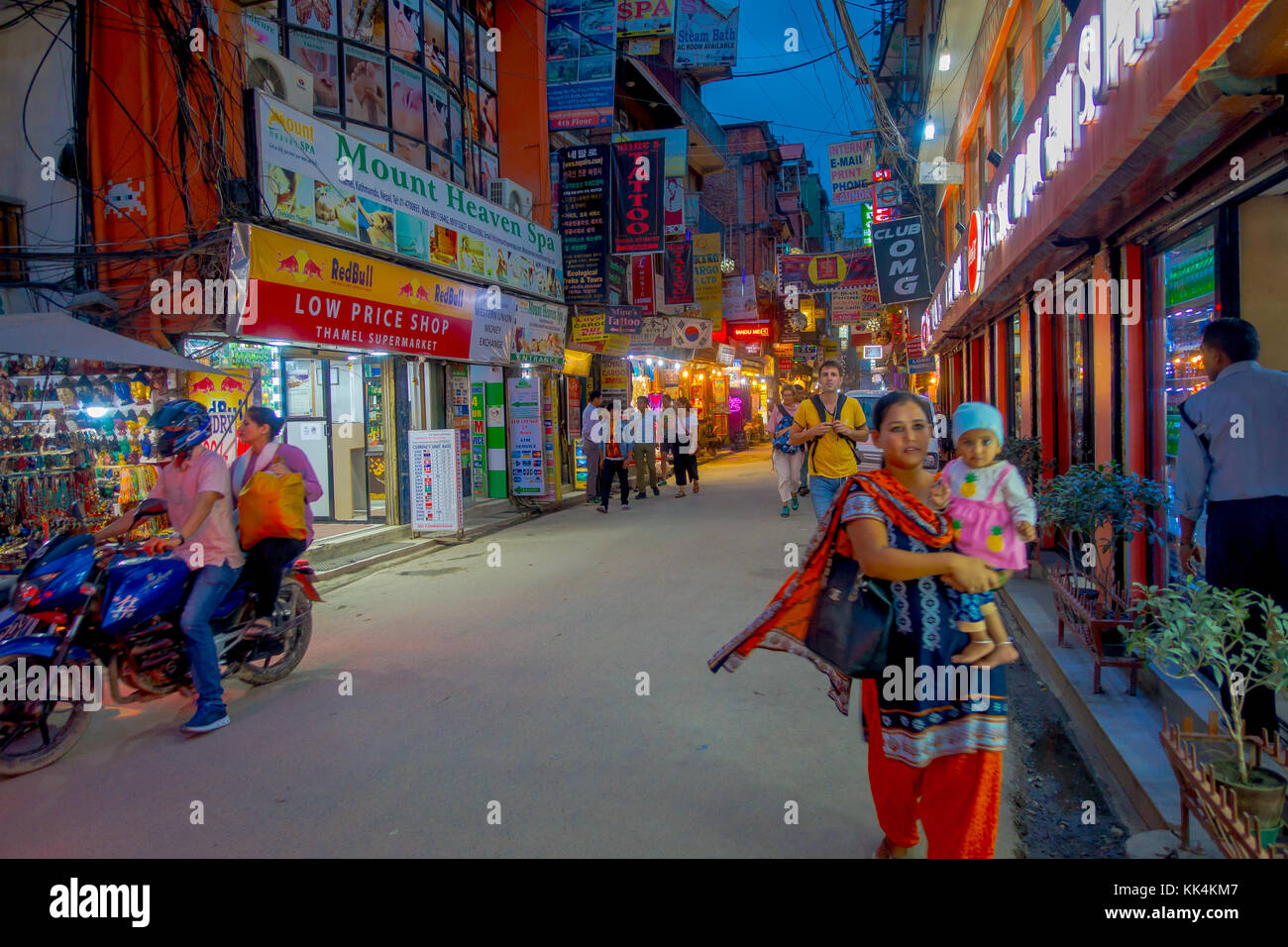 THAMEL, KATHMANDU NEPAL - OCTOBER 02, 2017: Night view of unidentified ...