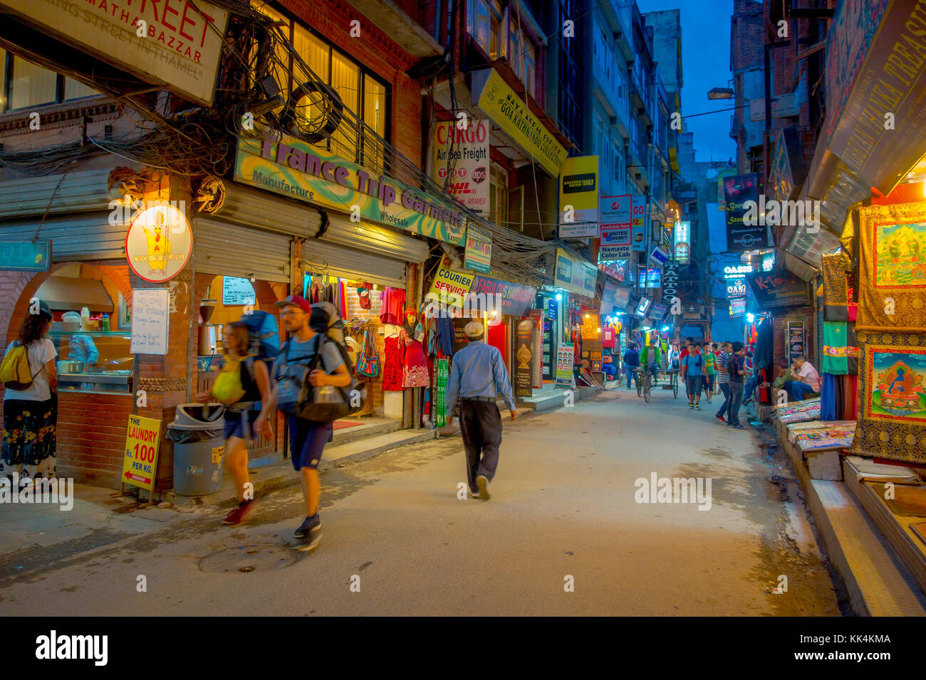 THAMEL, KATHMANDU NEPAL - OCTOBER 02, 2017: Night view of unidentified ...