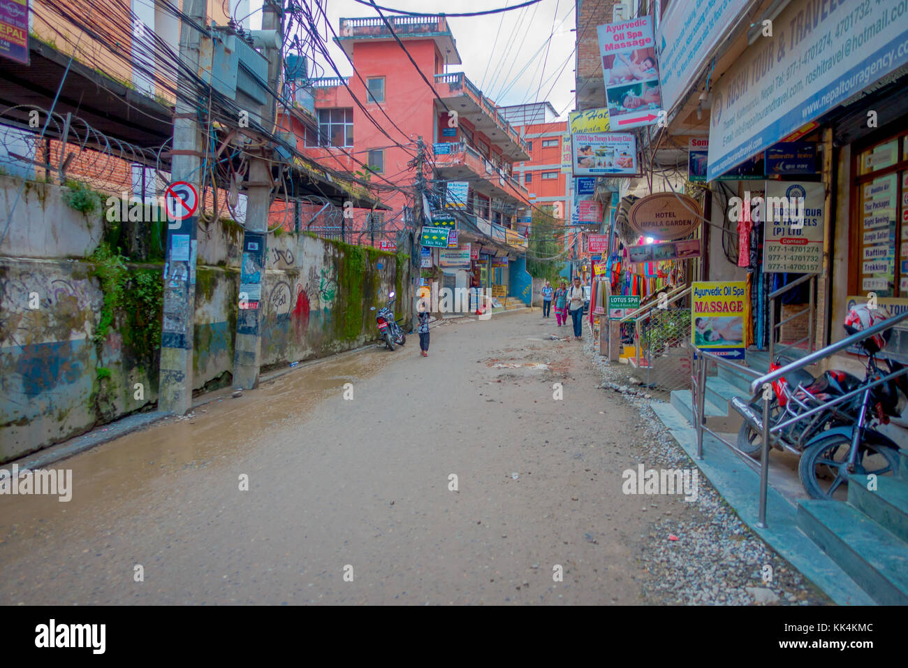 THAMEL, KATHMANDU NEPAL - OCTOBER 02, 2017: Unidentified people walking ...