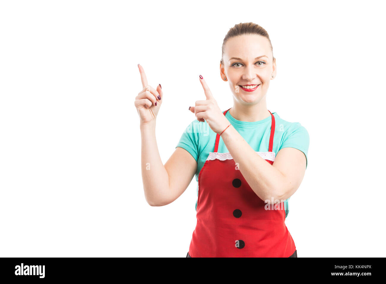 Smiling attractive employee pointing hi-res stock photography and ...