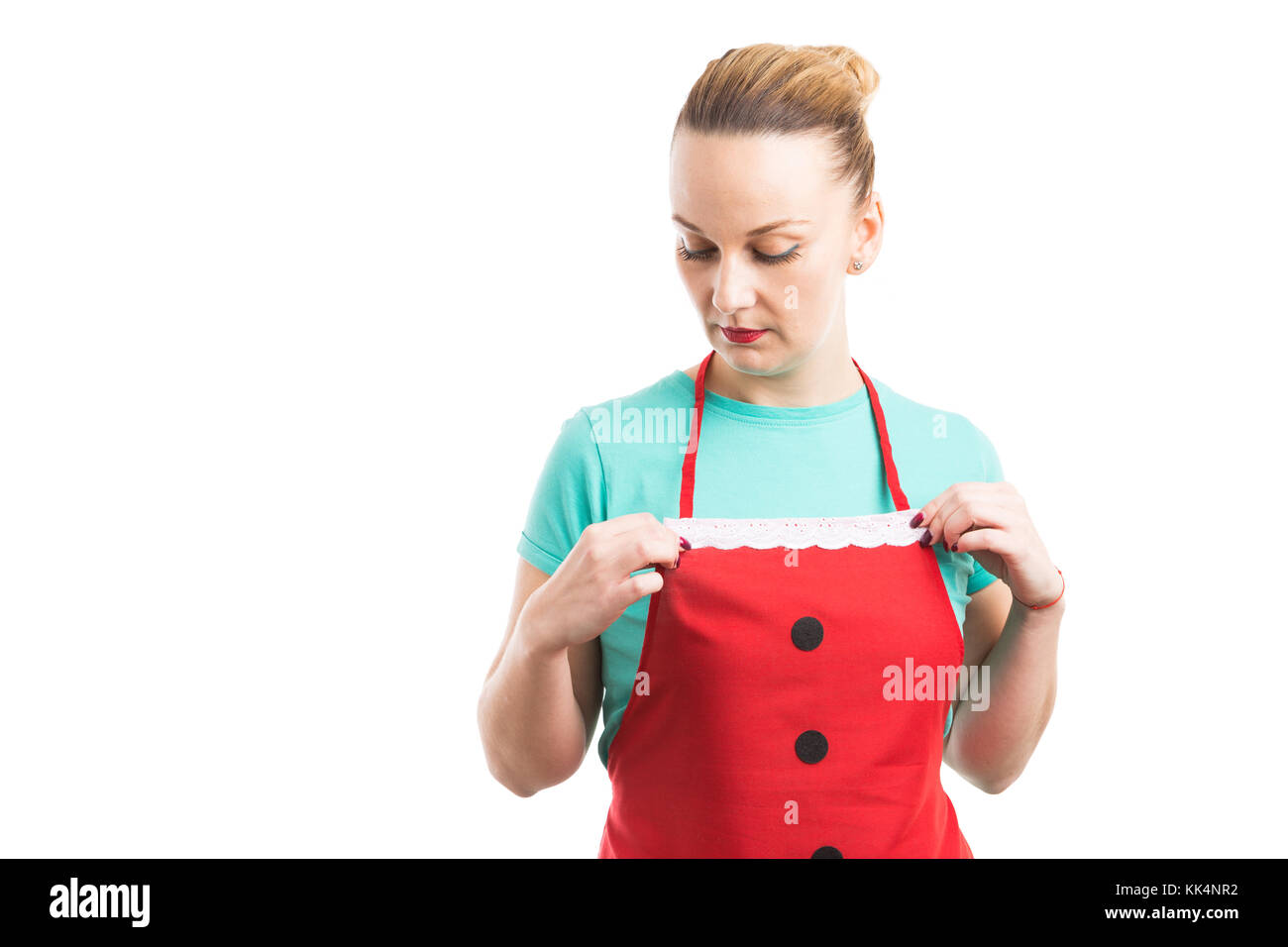 Housekeeper maid or housewife wearing and presenting a red apron ...
