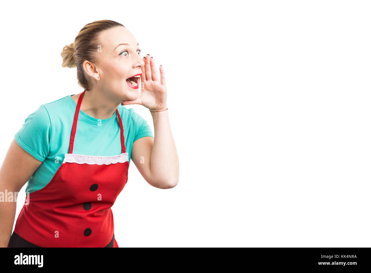 Furious housekeeper or maid shouting and yelling isolated on white ...