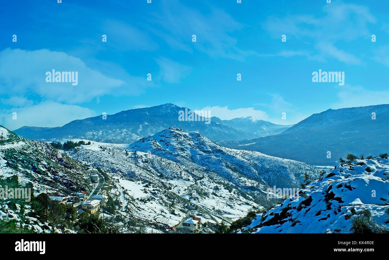The clear day in snowy Pindus mountains of Trikala region, the best ...