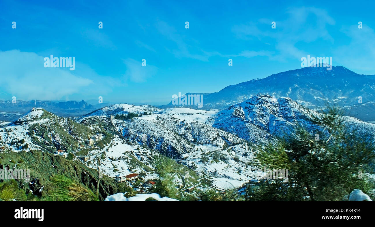 The scenic Pindus mountain range, covered with pure white snow, Trikala ...