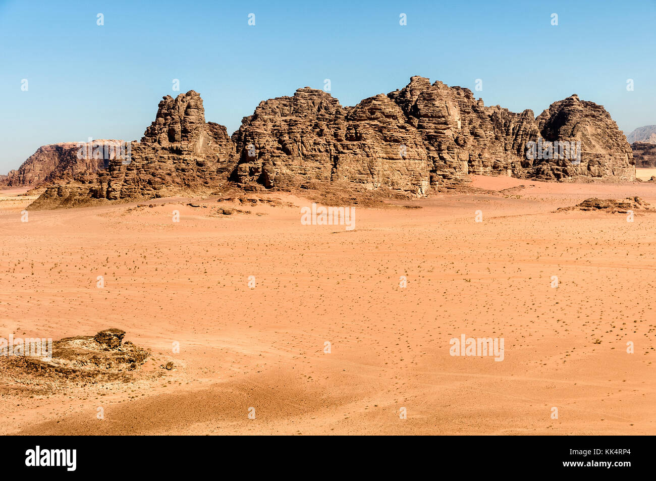 View of the rock formations and dunes in the Wadi Rum desert in Jordan ...