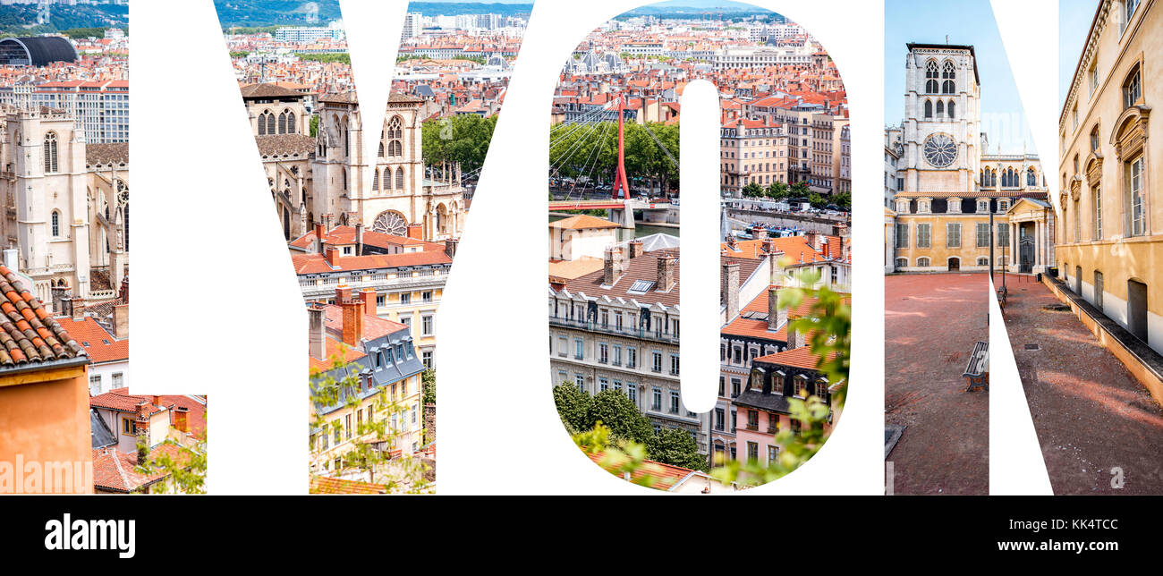 Lyon letters filled with pictures from Lyon city Stock Photo - Alamy