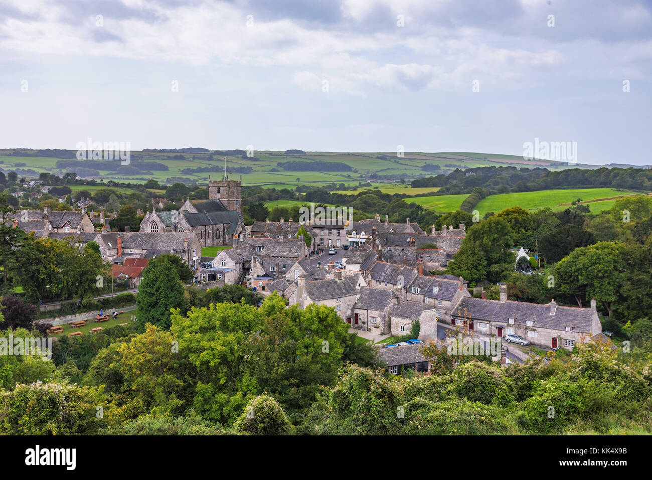 View of Corfe medieval village and countryside in England Stock Photo ...