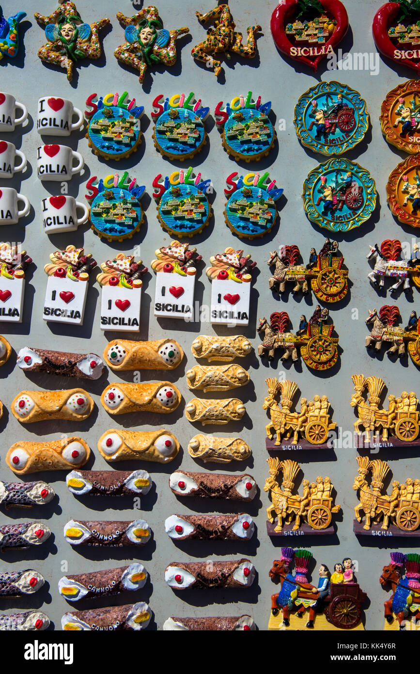 colourful magnets as souvenirs in Agrigento, Sicily, Italy Stock Photo ...