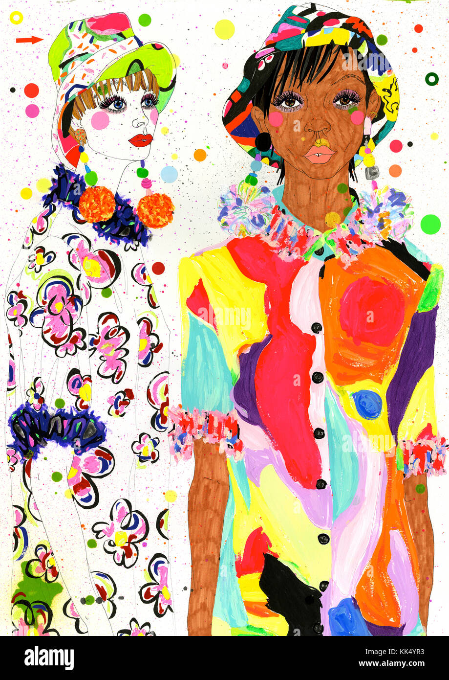 Two young women wearing colorful clothes and hats Stock Photo - Alamy