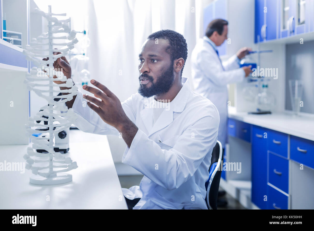 Serious intelligent geneticist looking at the gene model Stock Photo ...