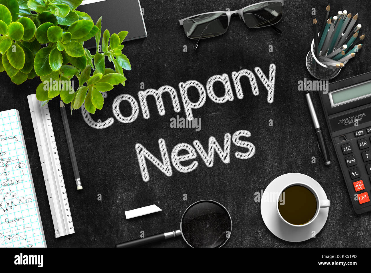 Company News - Text on Black Chalkboard. 3D Rendering Stock Photo - Alamy