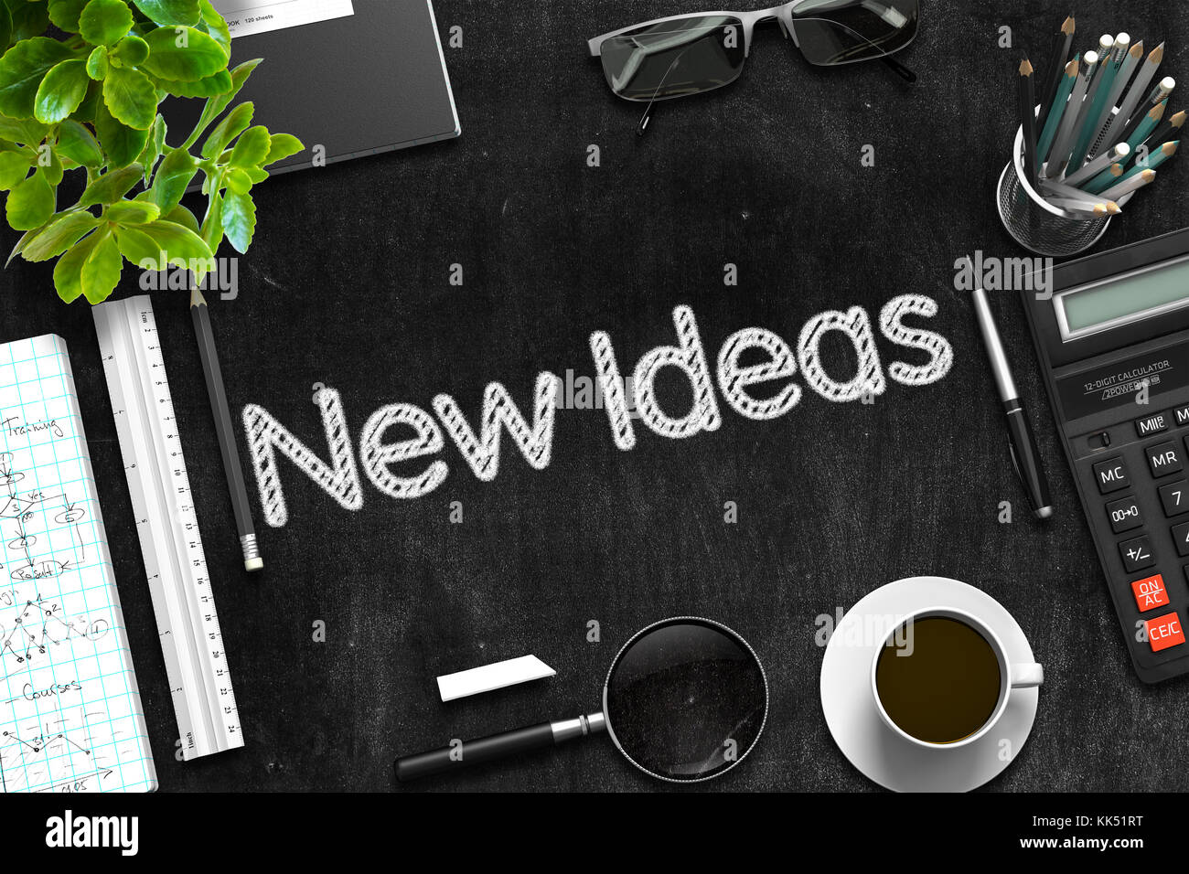 New Ideas - Text on Black Chalkboard. 3D Rendering Stock Photo - Alamy