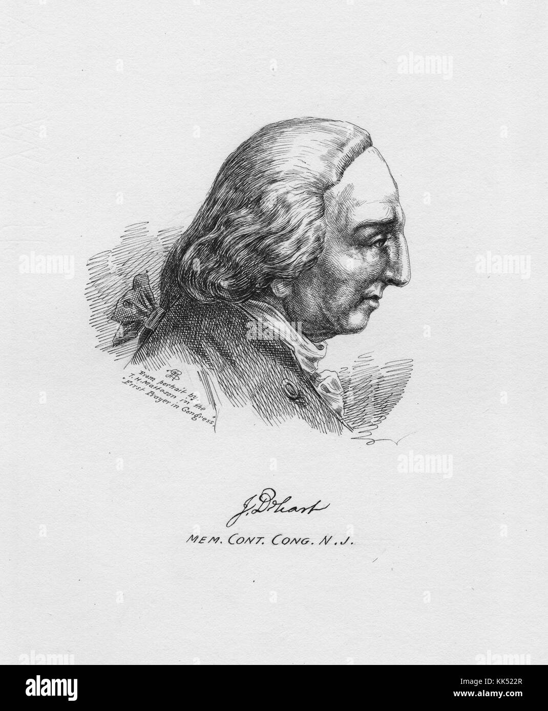 An engraving from a portrait in profile of John De Hart, he acted as ...