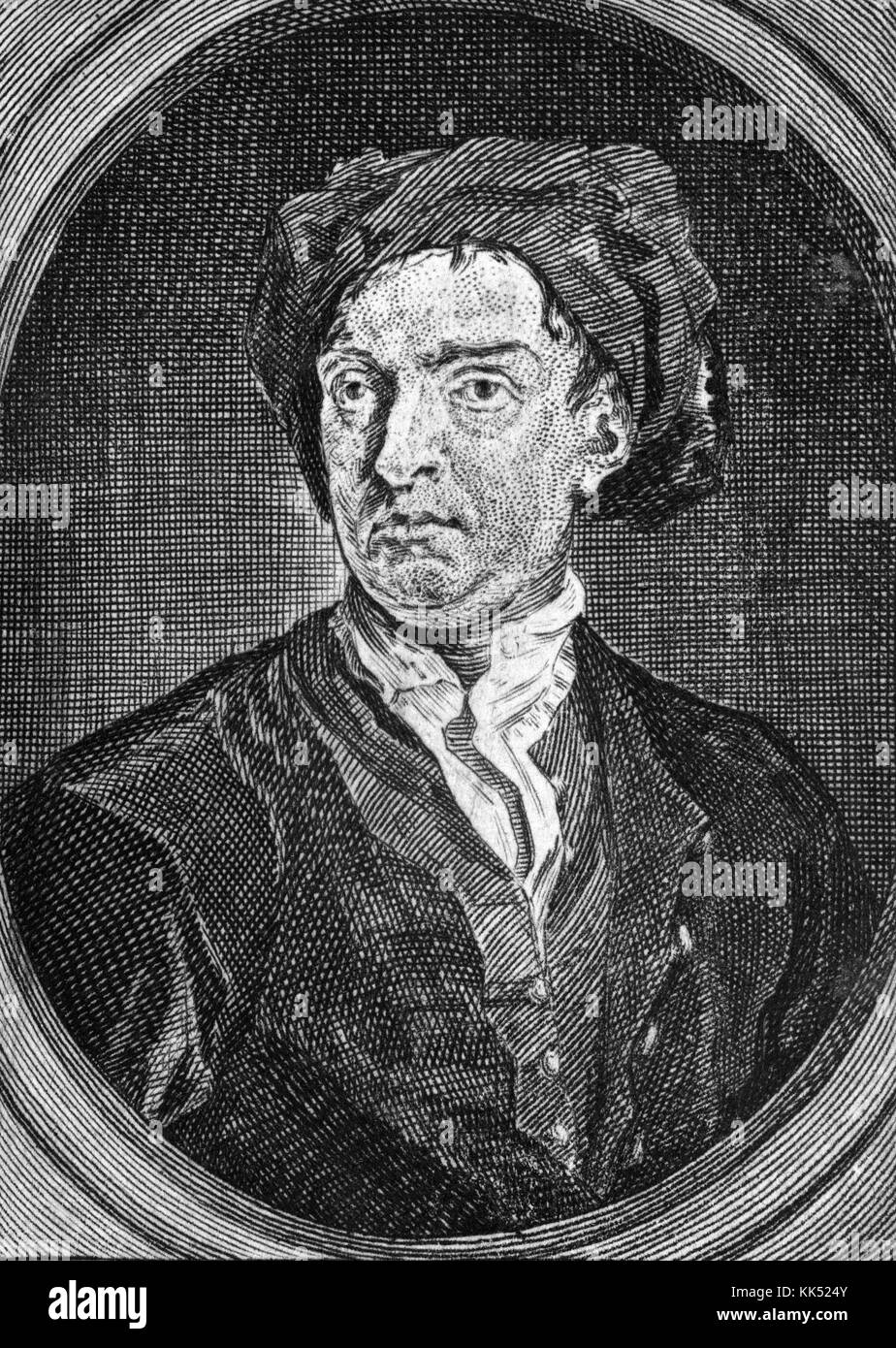 Engraved portrait of Samuel Butler, British poet and satirist, depicted ...