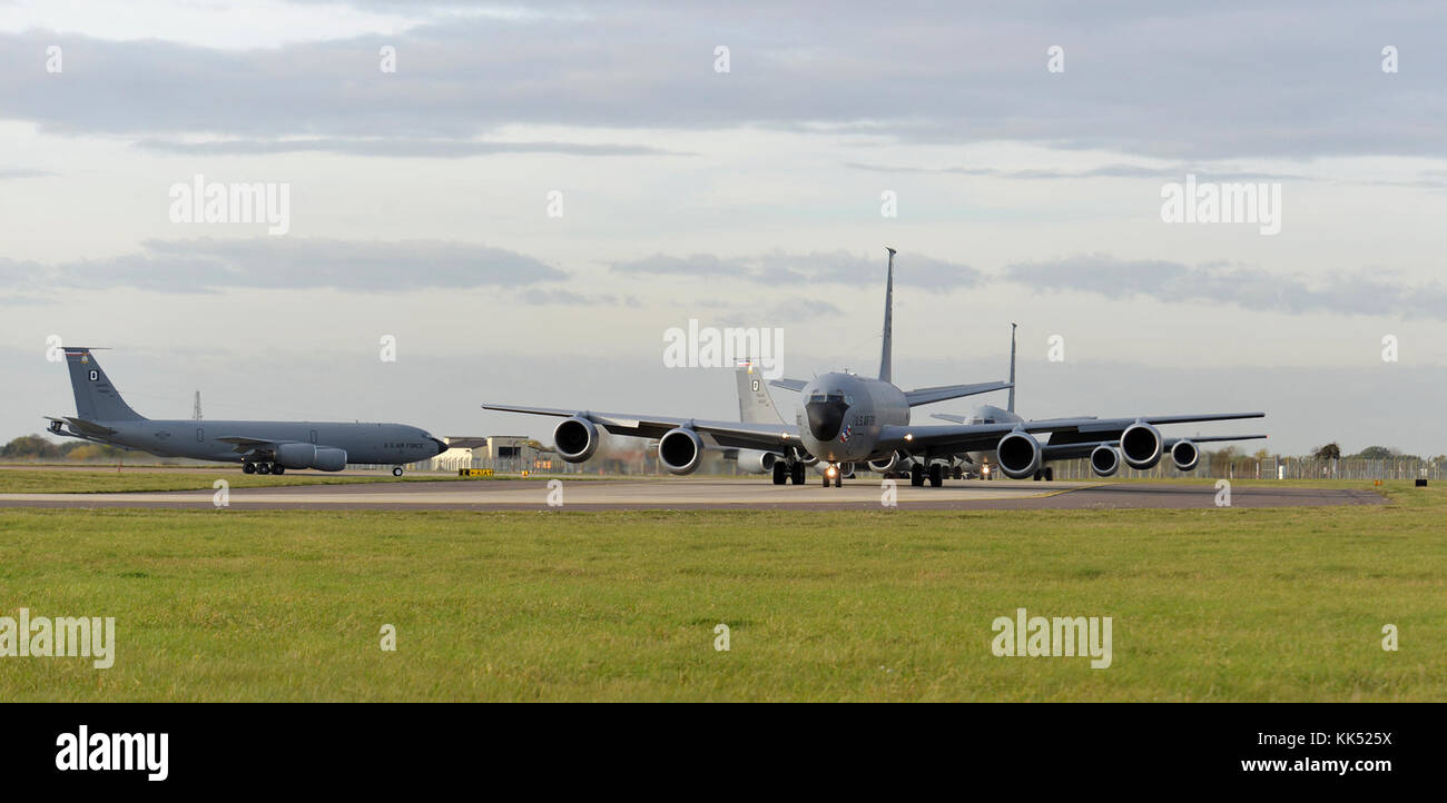 Four KC-135 Stratotankers perform an “elephant walk” as they take off together Nov. 9, 2017 ...