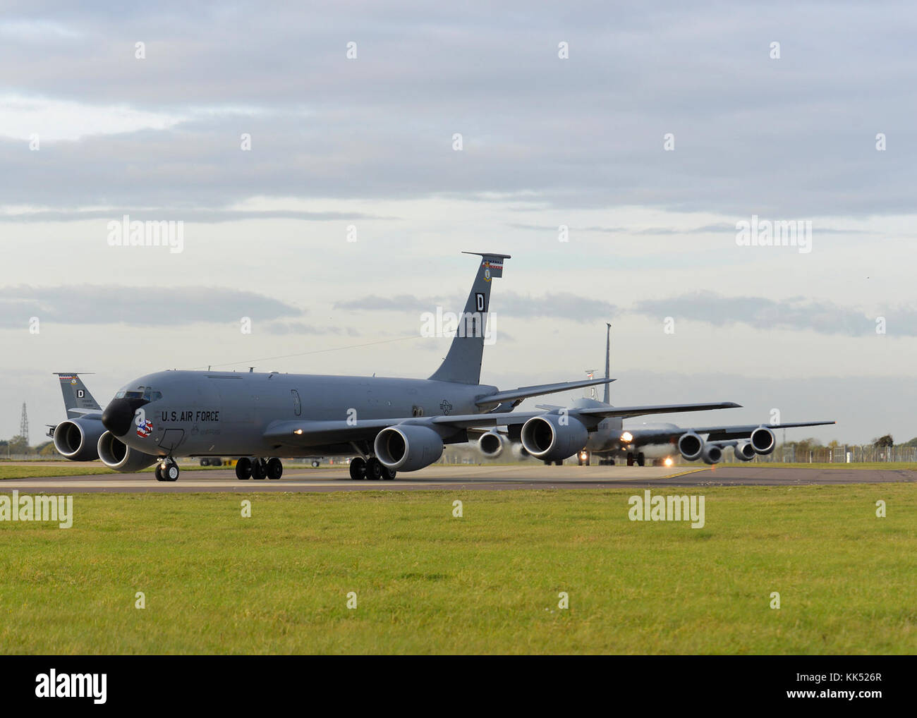 Four KC-135 Stratotankers perform an “elephant walk” as they take off together Nov. 9, 2017 ...