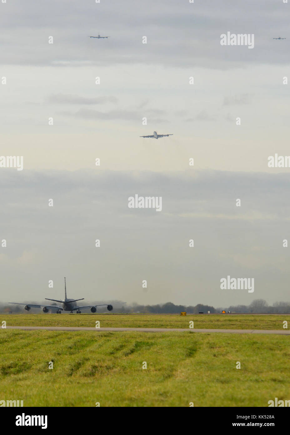 Four KC-135 Stratotankers perform an “elephant walk” as they take off together Nov. 9, 2017 ...