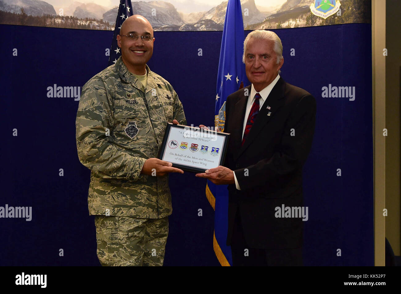 Col. David Miller Jr., 460th Space Wing commander, presents Col. (Ret ...