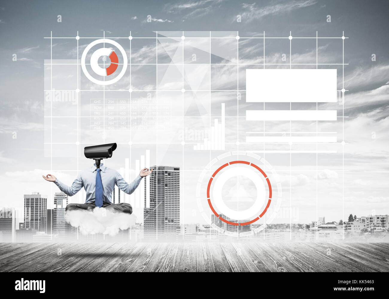 Camera headed man sitting in lotus pose on cloud against modern Stock ...