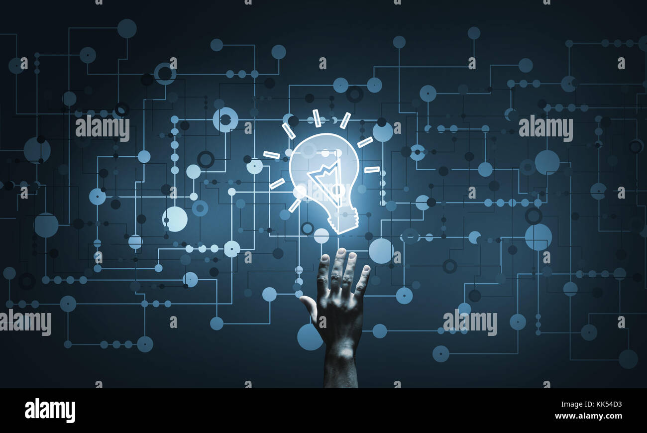 Technology idea concept with glowing bulb icon and touching it finger ...