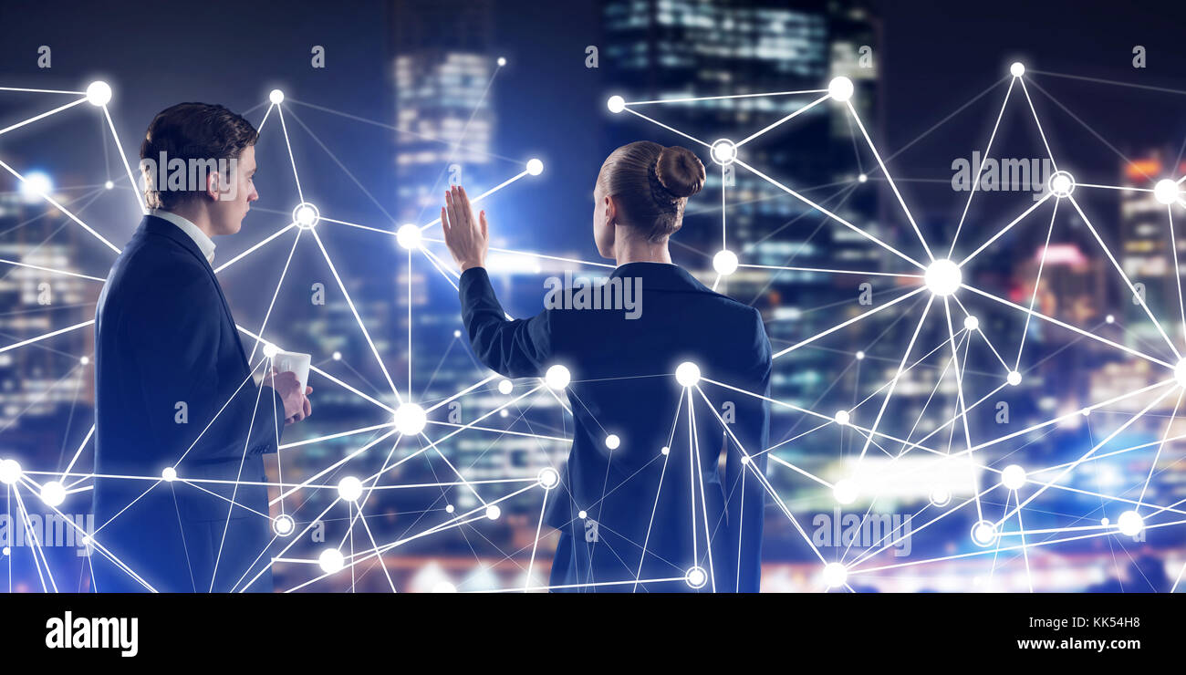 Concept of social connection and networking against night city view and ...