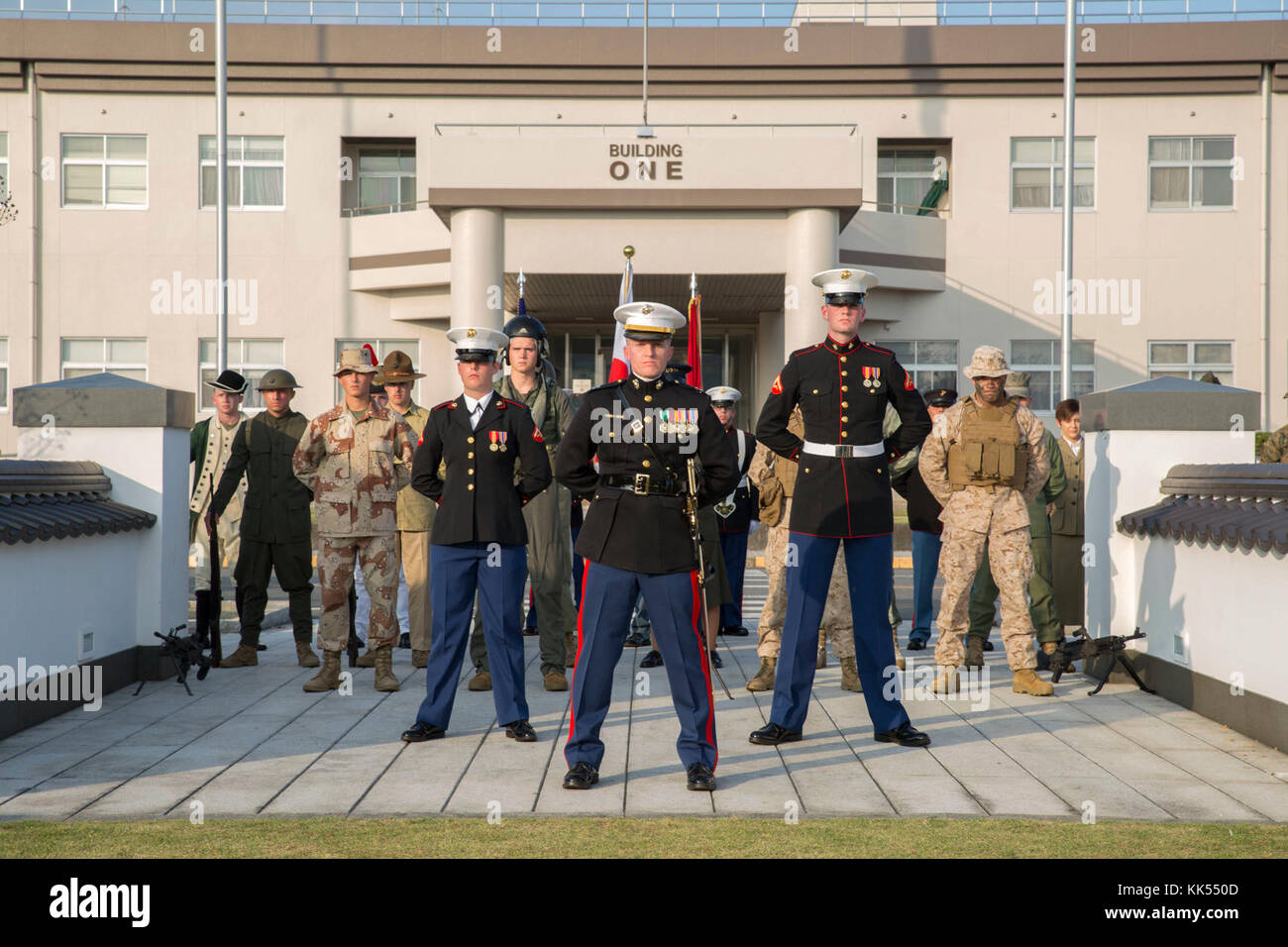 U.S. Marines that participated in a birthday pageant ceremony pose for ...