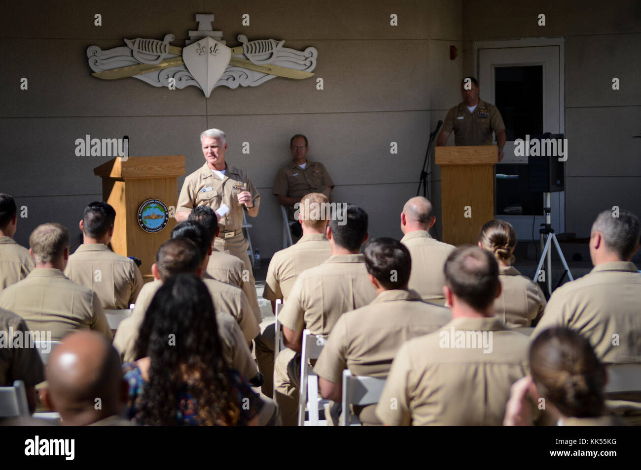 Vice Adm. Tom Rowden, center, commander of Naval Surface Forces, speaks ...