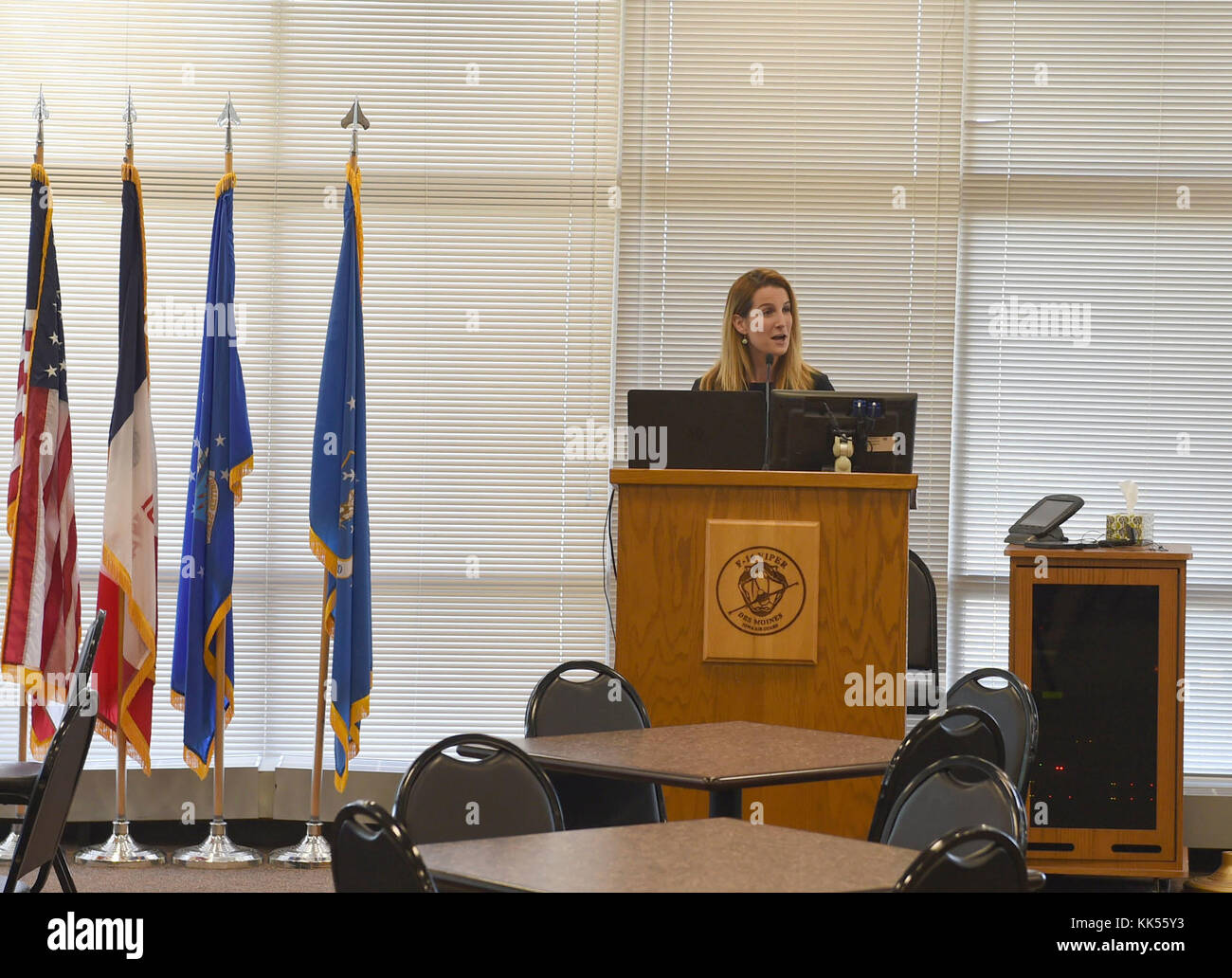 Shannon Stump of Easter Seals Iowa speaks to members of the 132d Wing ...
