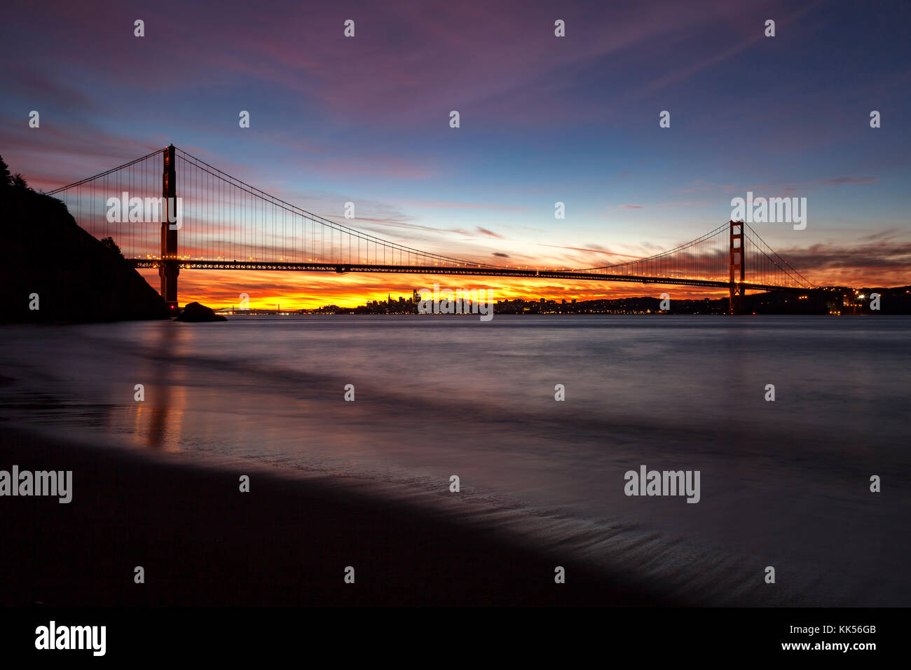 Golden Gate Bridge and San Francisco at dawn viewed from the Marin ...
