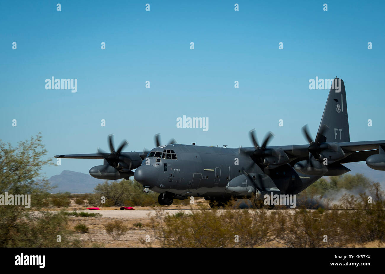 A U.S. Air Force C-130 Hercules lands on an expeditionary runway set-up ...