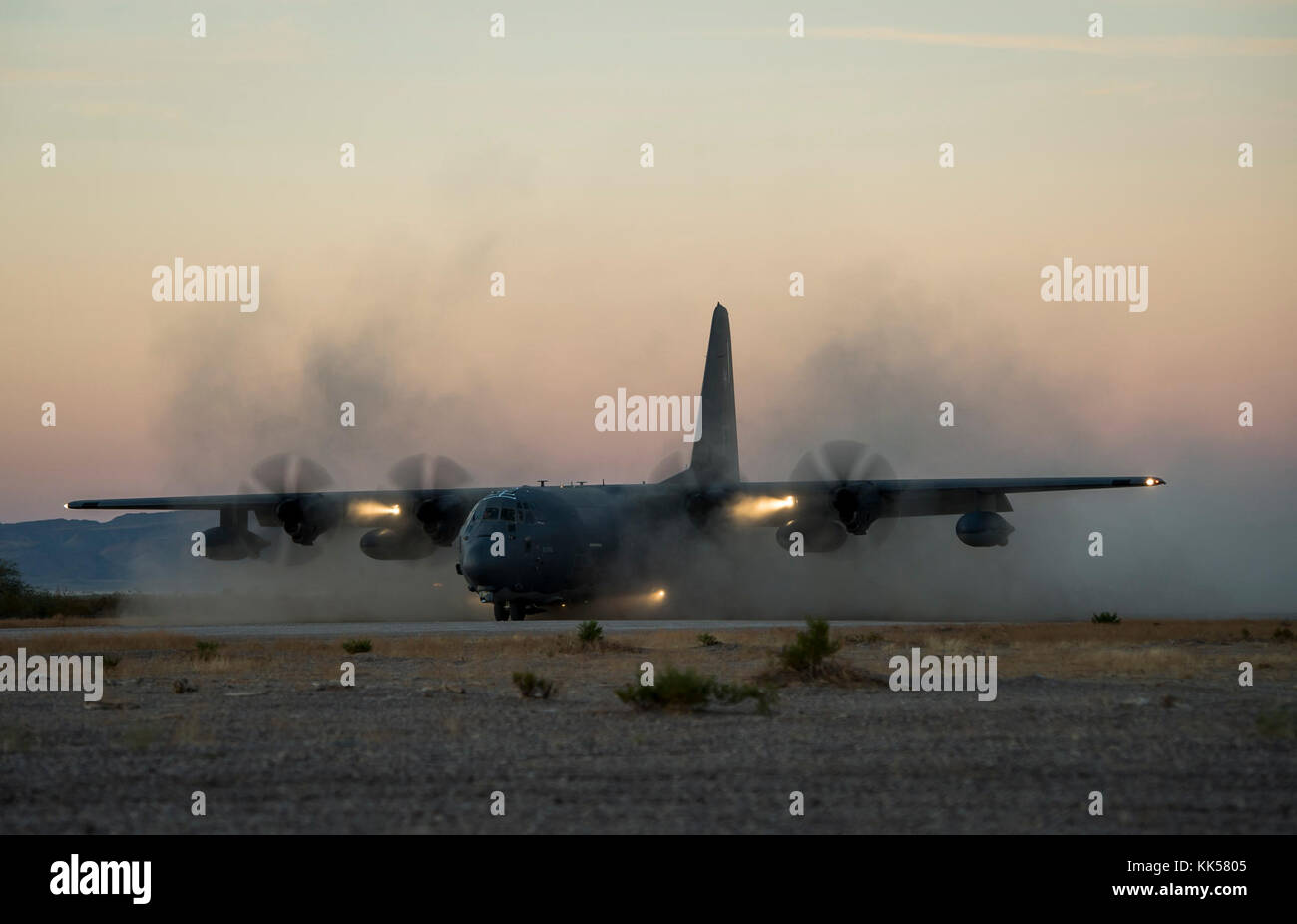 A U.S. Air Force C-130 Hercules lands on an expeditionary runway set-up ...