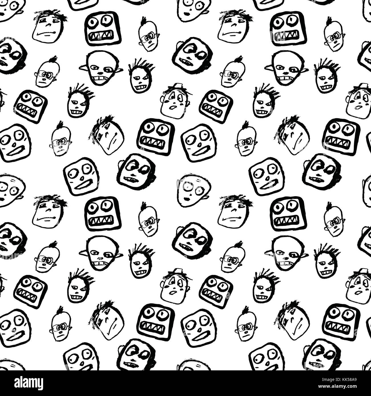 Doodles faces seamless pattern. Vector black and white illustration ...