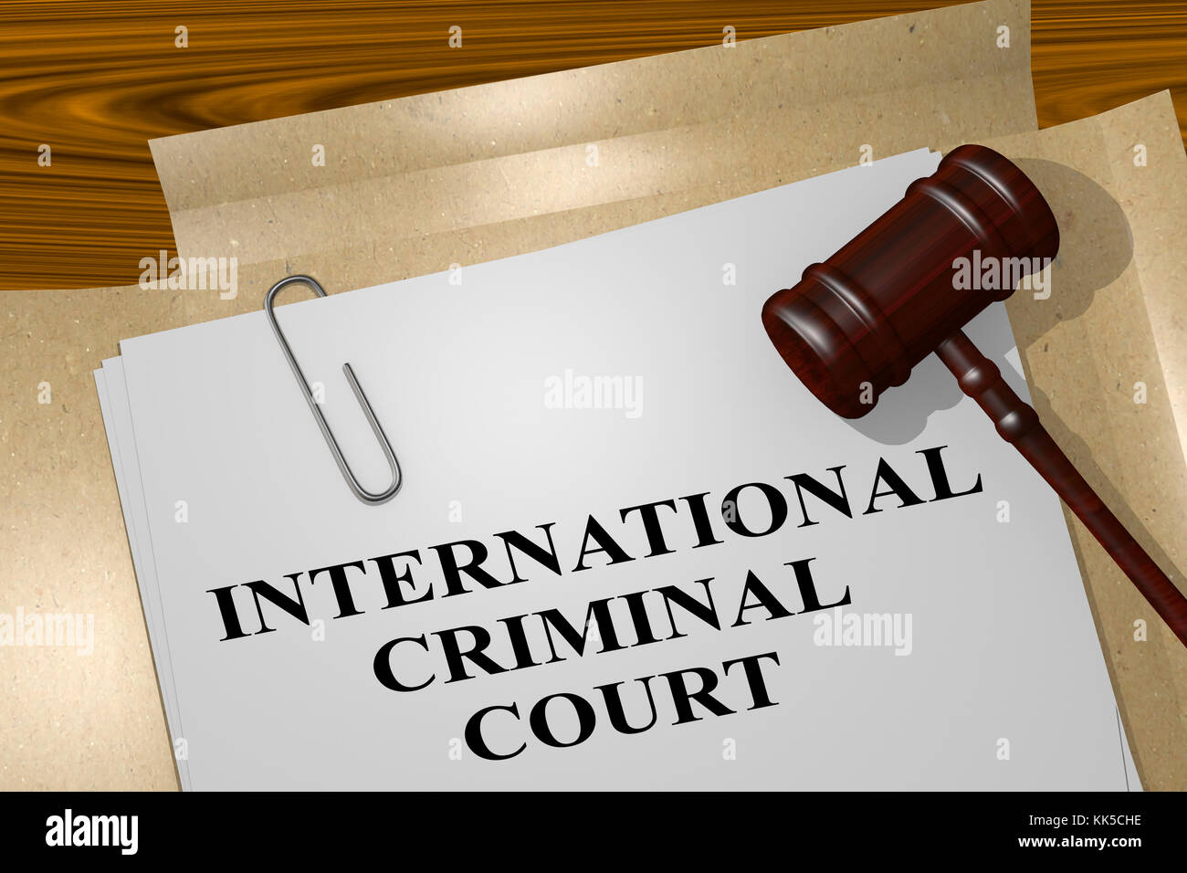 3D illustration of "INTERNATIONAL CRIMINAL COURT" title on legal ...