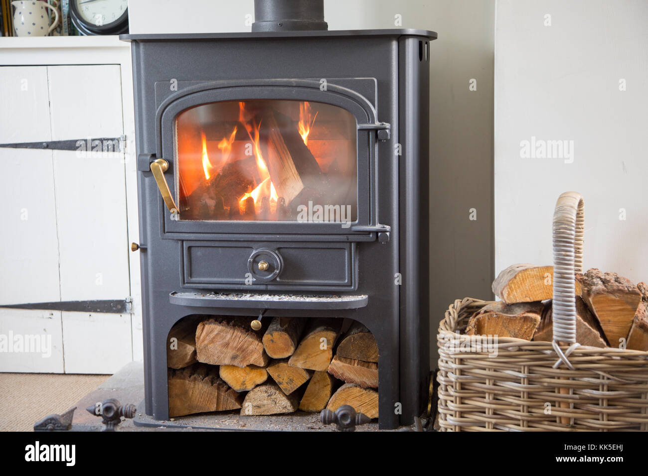 Warm fire flames logs burning in ClearView domestic multifuel stove ...