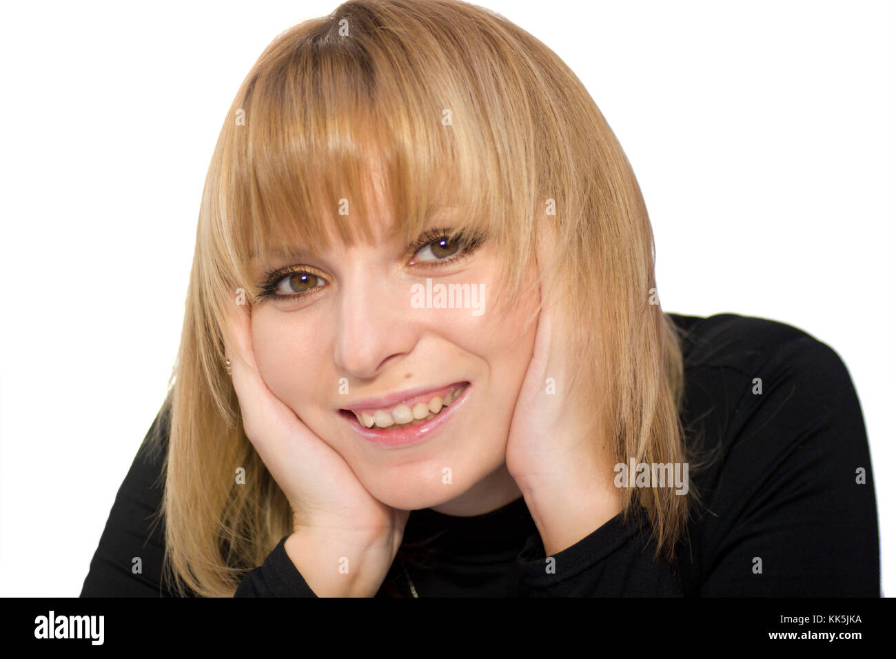 Portrait of Young beautiful woman with absolutely happy smile isolated ...
