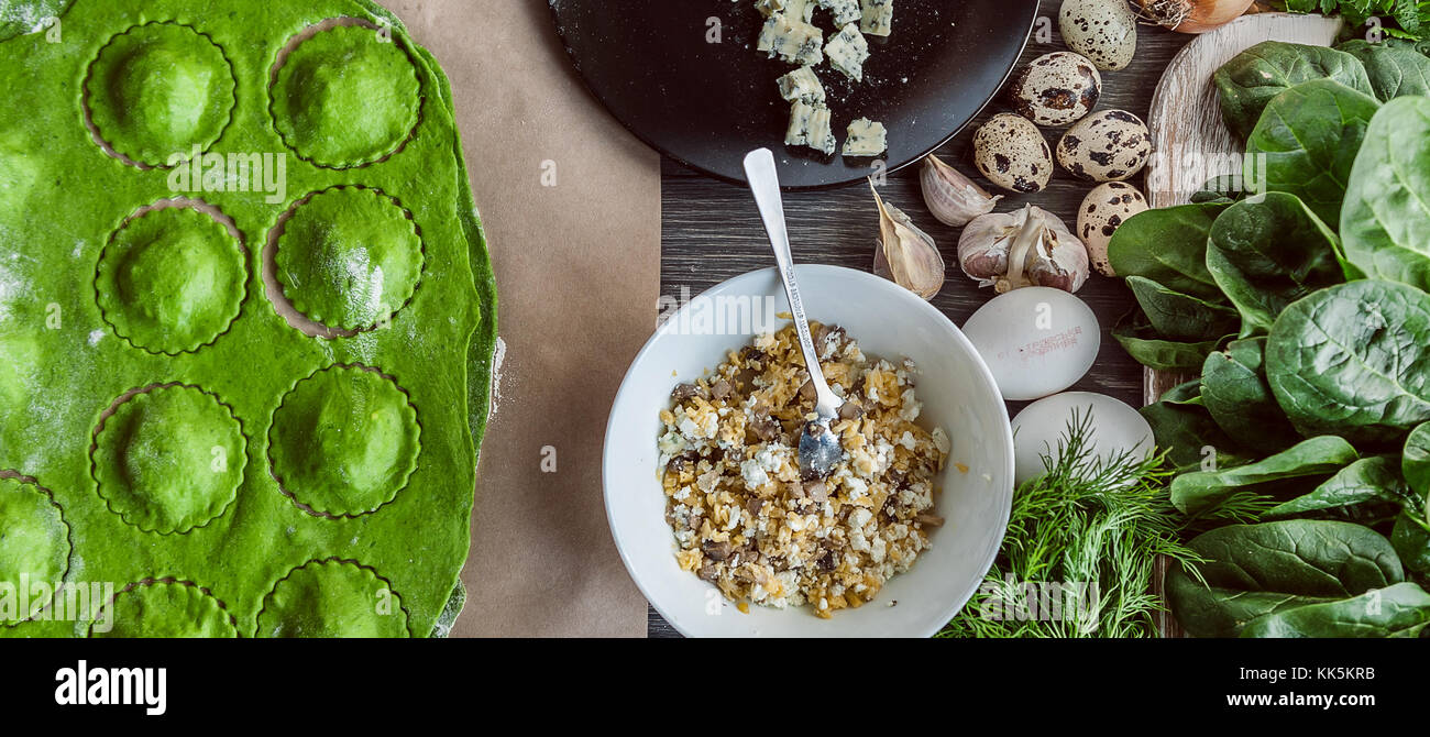 chef step by step, preparing a green ravioli with the addition of ...