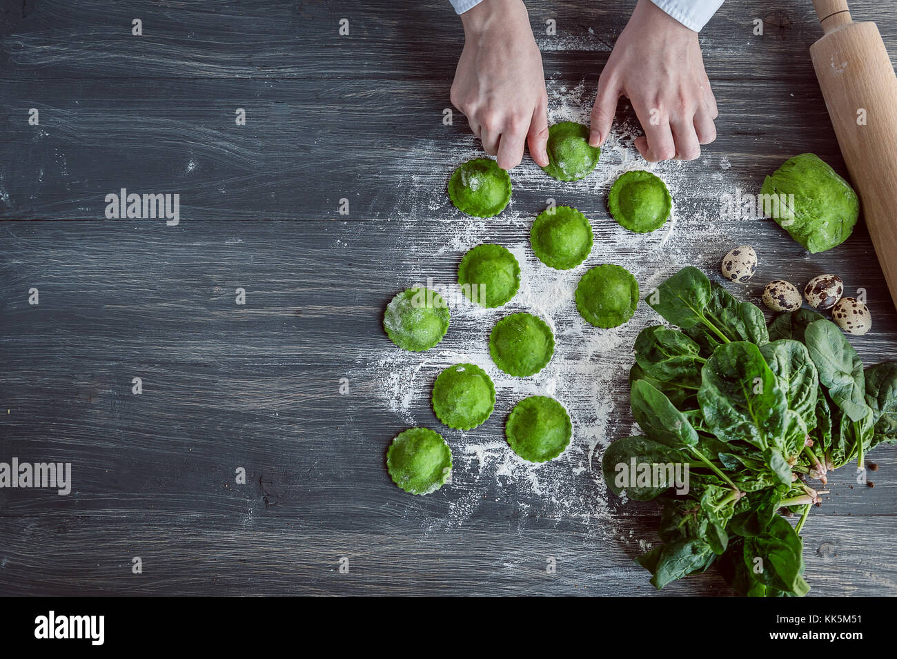 chef step by step, preparing a green ravioli with the addition of ...