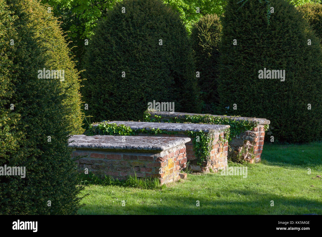 Three attractive red brick gravestones, surrounded by topiary yews in ...