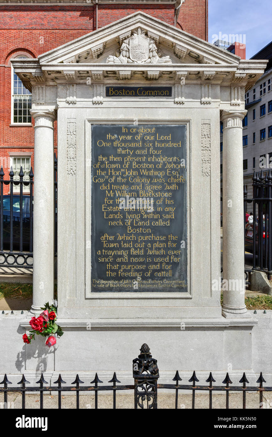 Monument Inscription of the Boston Common park at the corner of Park ...