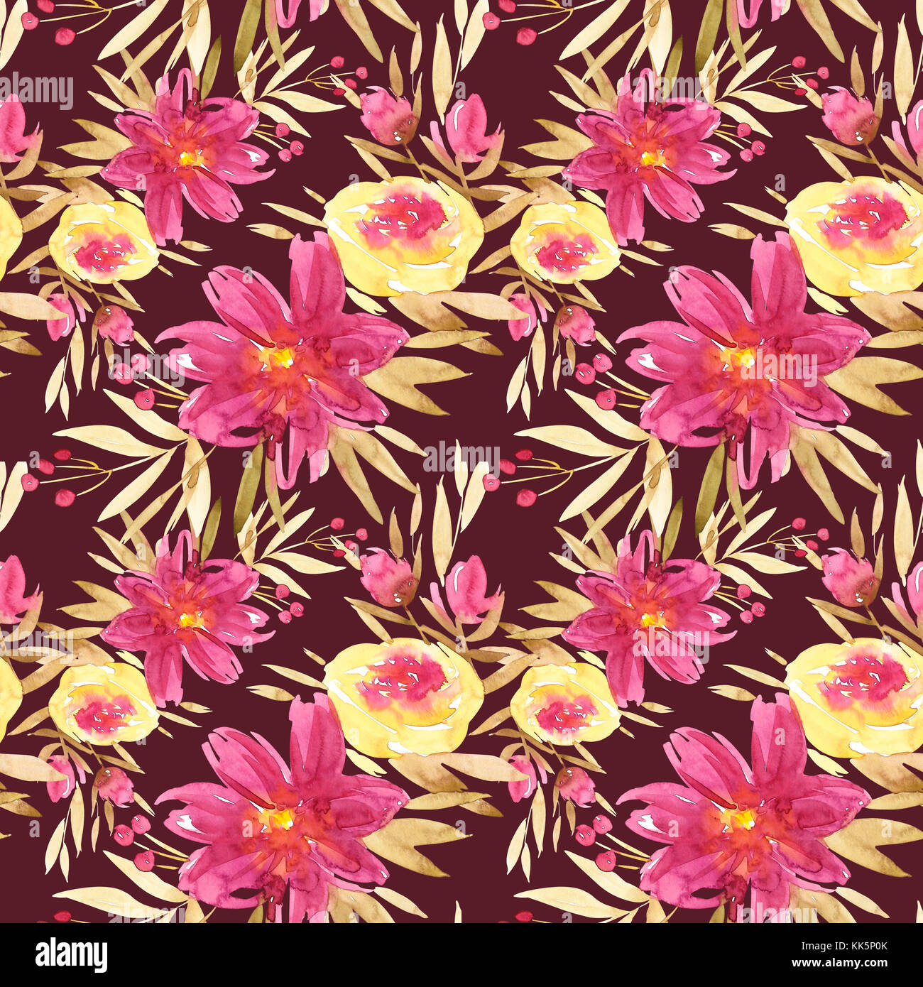 Seamless summer pattern with watercolor flowers handmade Stock Photo ...