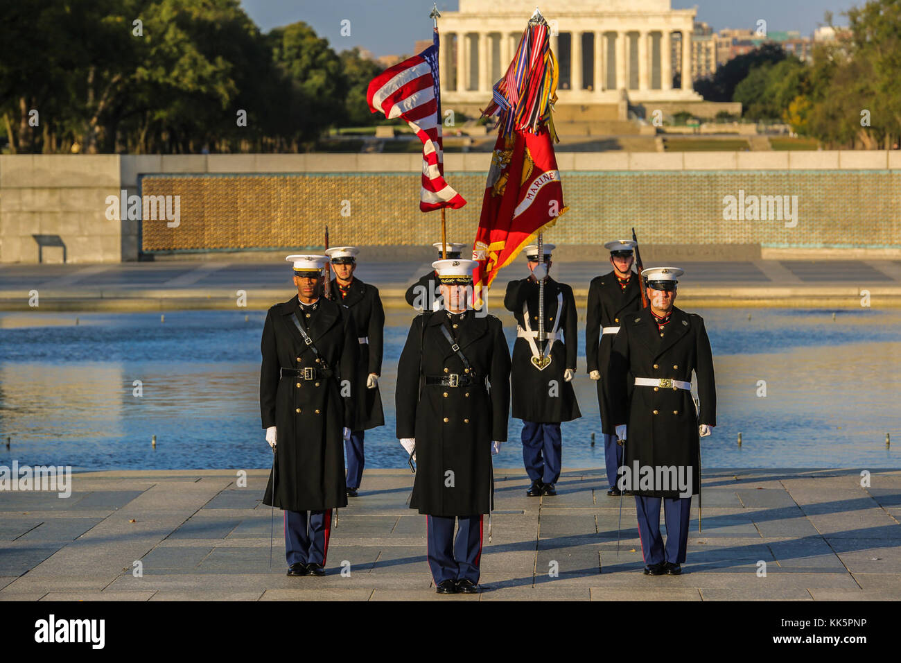 A parade marching staff with Marine Barracks Washington D.C. stands at ...