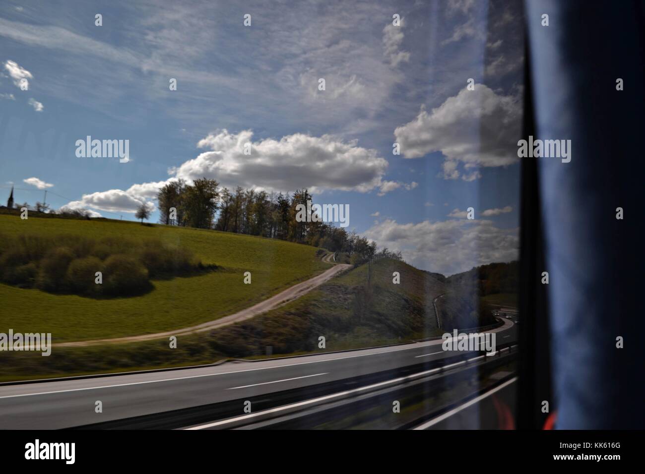 Panoramic view from the bus window at the forest and nature/ conceptual ...