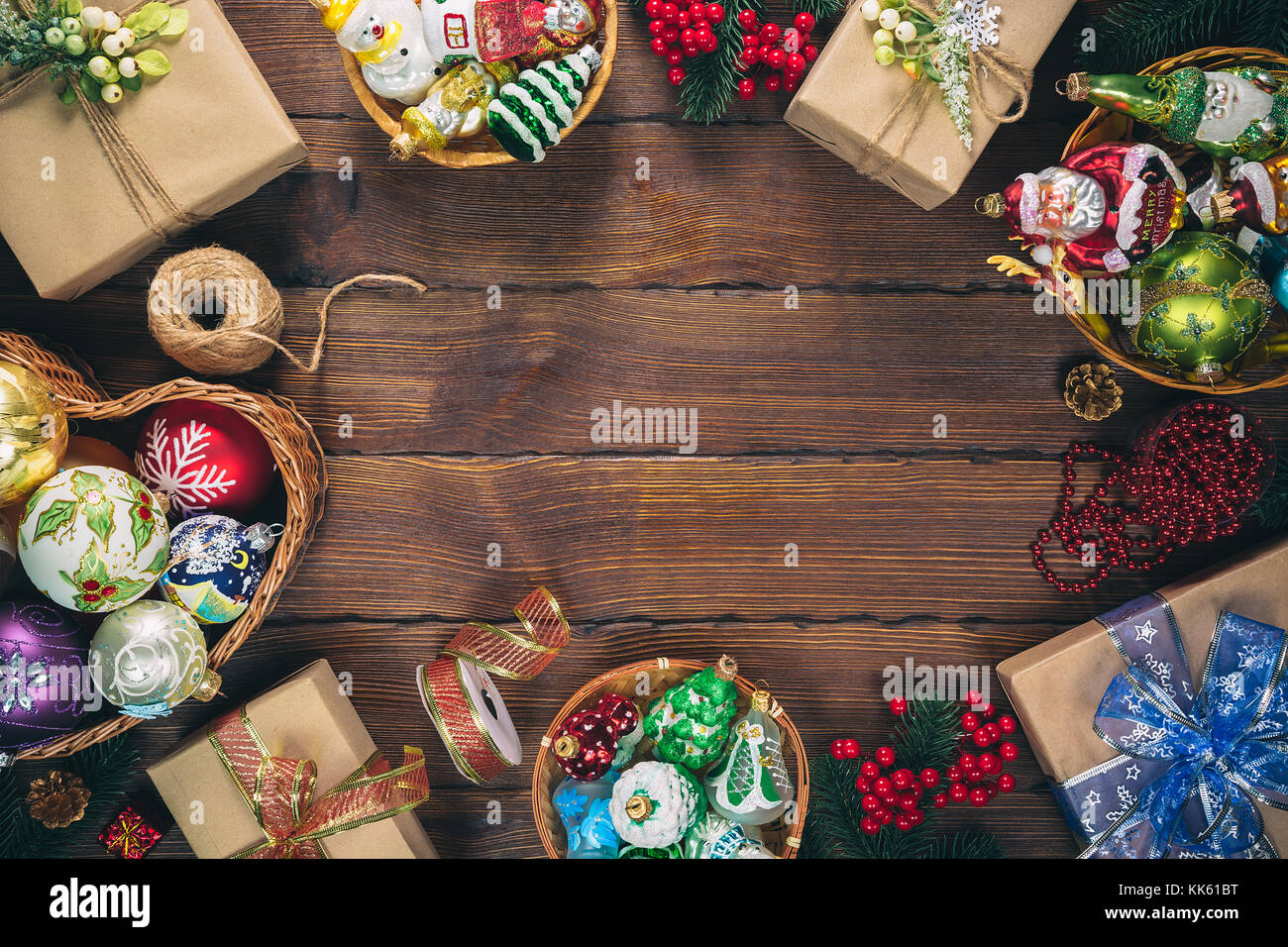 Christmas background with gifts, toys, ball, tree branches, New Year ...