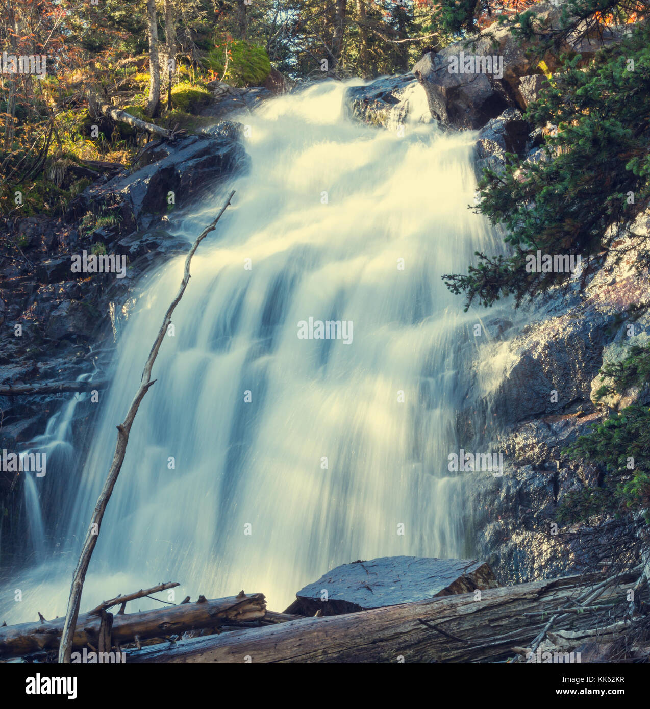 Waterfall in spring forest Stock Photo - Alamy