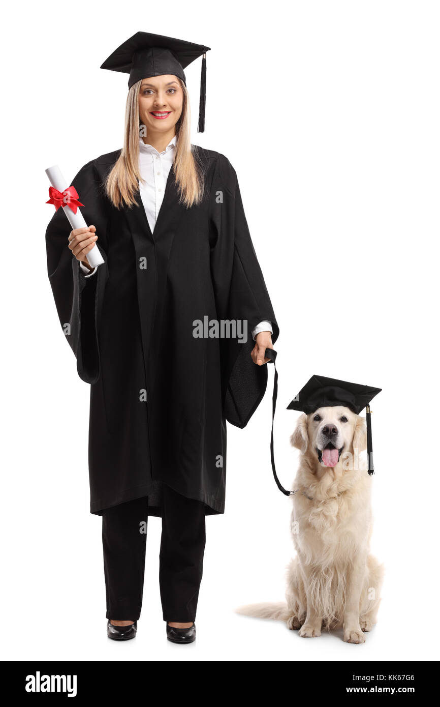 Full length portrait of a female graduate student with a diploma and a ...