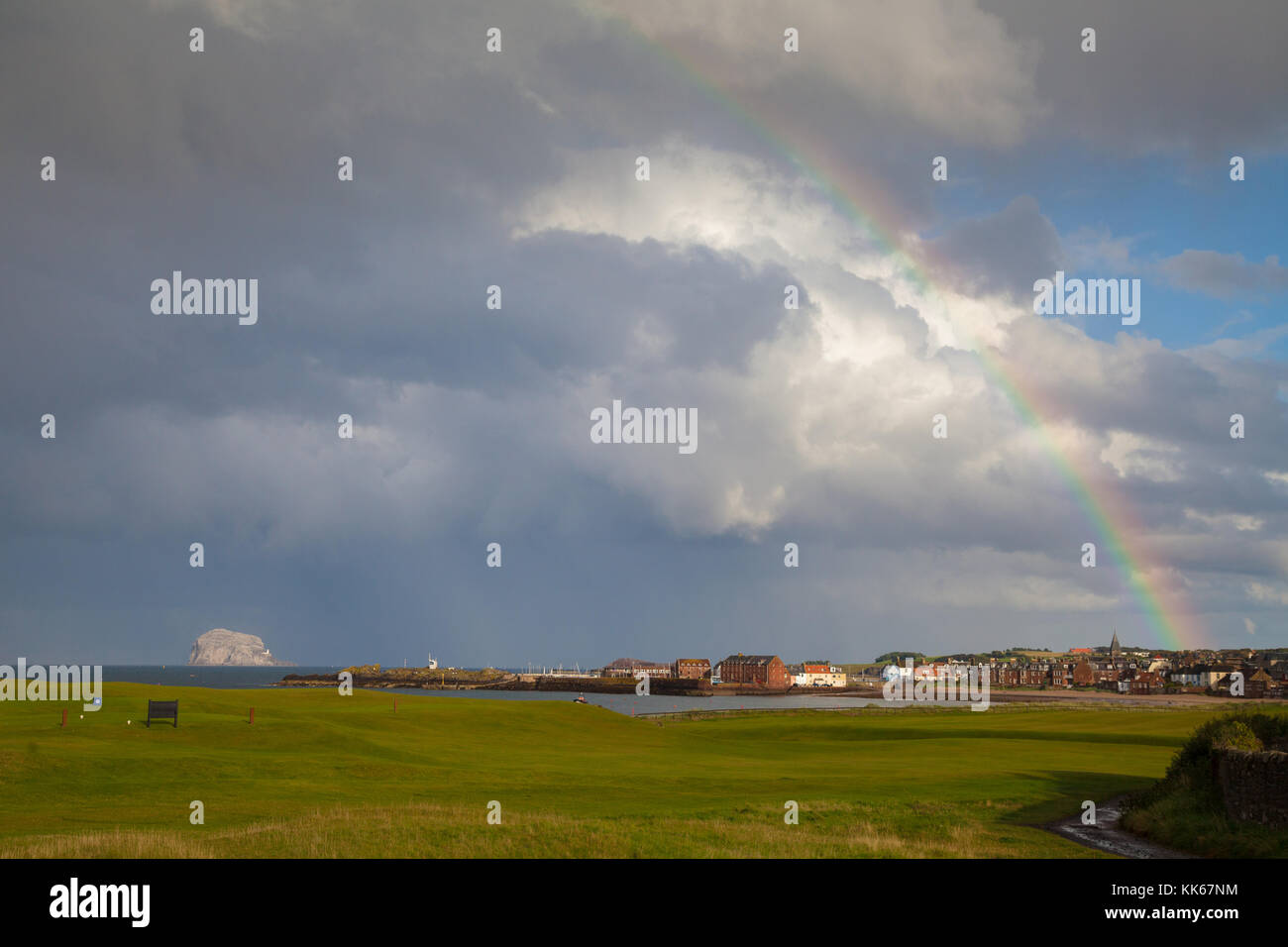 A rainbow over Bass Rock and North Berwick, East Lothian, Scotland ...