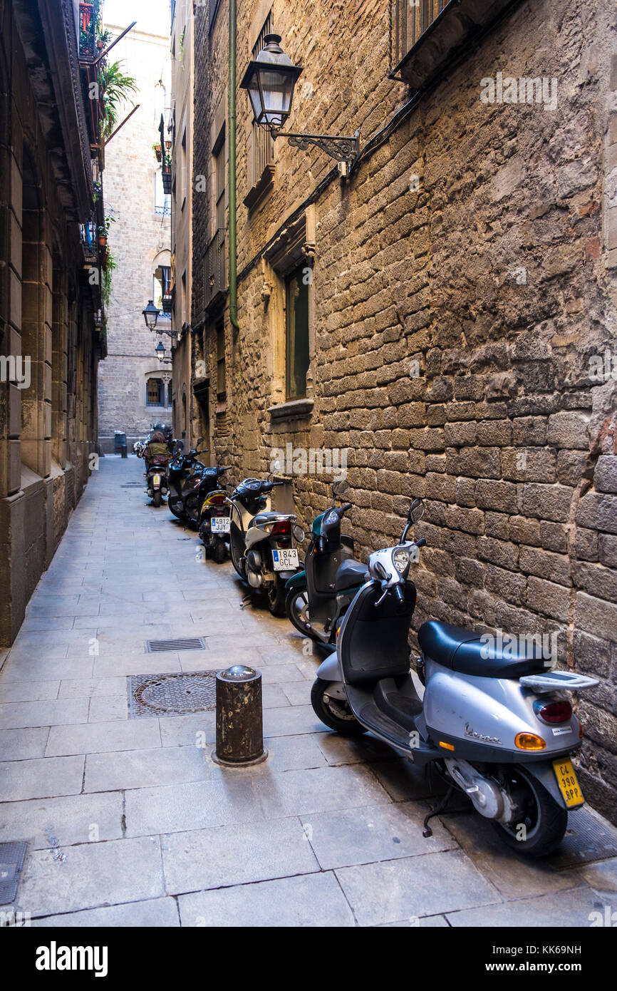 Barcelona, Spain - May 1, 2016: Motorcycles in Gothic district, the ...