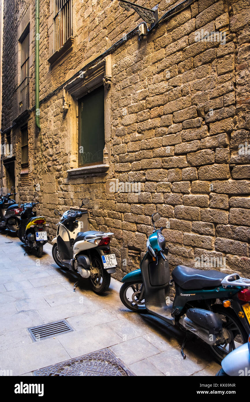 Barcelona, Spain - May 1, 2016: Motorcycles in Gothic district, the ...