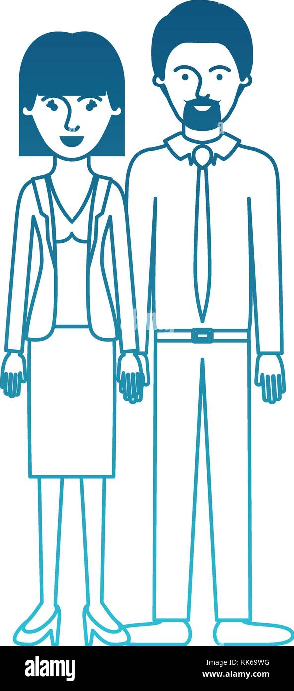 Couple In Degraded Blue Silhouette And Her With Blouse And Jacket And